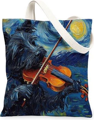 Generic Sac fourre-tout en toile r&eacute;utilisable pour le shopping Motif chien terrier &eacute;cossais 33 x 38 cm Motif violon nocturne &eacute;toil&eacute; Pour femme