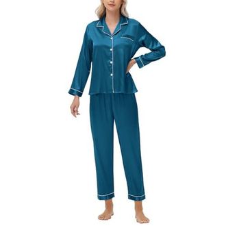 Generic Pyjama 2 pi&egrave;ces en soie pour femme, ensemble de pyjama 2 pi&egrave;ces en soie pour femme, v&ecirc;tement de nuit confortable, pyjama soyeux, bleu, XXL