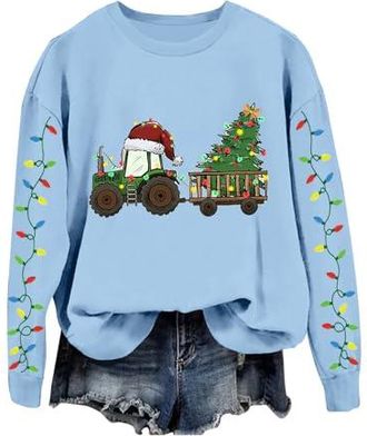 Generic Sweat-shirt de No&euml;l pour femme avec imprim&eacute; sapin de No&euml;l et col rond - Cardigan tendance &agrave; manches longues, bleu clair, XXL