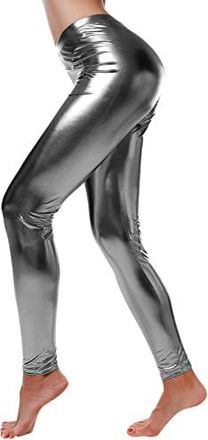 Generic Legging brillant pour femme - Argent métallisé brillant - Taille haute - Extensible - En cuir verni - Coupe ajustée - Carnaval - Fête, gris, M