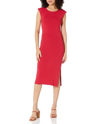 The Drop Damen Laila Midistrickkleid, mit Powerschultern und verdrehter Rückseite, Feuerrot., S