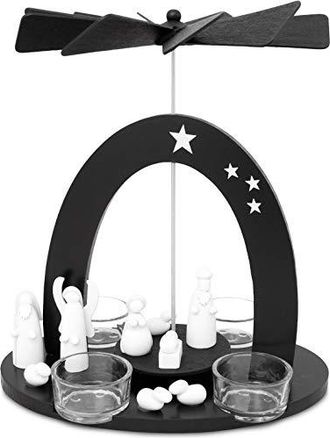 Brubaker Pyramide de No&euml;l Moderne - Marie, Joseph et J&eacute;sus - Hauteur 22 cm - 4 Bougeoirs en Verre - Con&ccedil;u pour Bougies Chauffe-Plat - Bois Peint &agrave; la Main - No