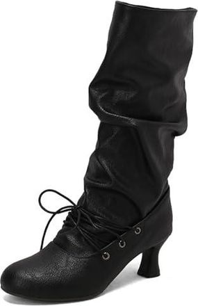 Generic Bottes Cuissardes Style Vintage Femme Fermeture Lat&eacute;rale Simili Cuir Design D&eacute;lav&eacute; Lacets Devant avec Talon Kitten Chaussures &Eacute;l&eacute;gantes de Soir&eacute;e,Noir