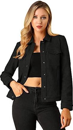 Allegra K Veste femme en simili daim avec col rabattu et poches à rabat Noir 3XL