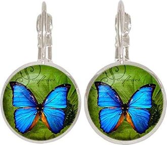 Generic Boucles doreilles r&eacute;tro pour Femmes, cabochon en Verre Rond Antique Papillon dormeuse Boucle doreille Bijoux Bijoux Cadeau - Argent &eacute;l&eacute;gant et populai