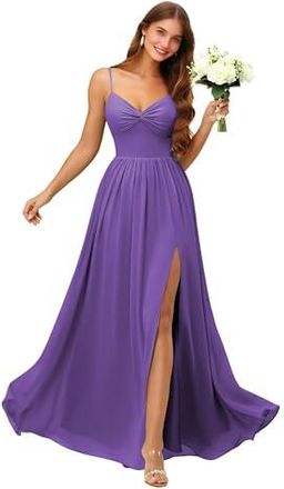 Generic Robe de demoiselle dhonneur en mousseline de soie plissée avec col en V et bretelles spaghetti avec fente, violet, 34