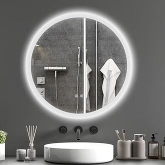 Kleankin Miroir Rond Salle de Bain avec &eacute;clairage LED &Oslash; 70 cm, Miroir Mural 35W avec Anti-bu&eacute;e, 3 Couleurs r&eacute;glables, dimmable, Interrupteur Tactile, Fonction 