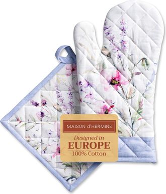 Maison d'Hermine Ofenhandschuh(19cm x 33cm) & Topflappen(20cm x 20cm) Set aus 100% Baumwolle, hitzebeständig zum Muttertagsgeschenke, Grillen, Kochen, Backen, Grillen,