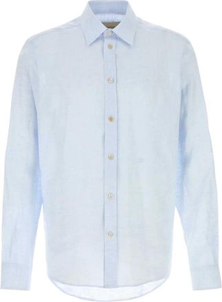 Valentino Garavani Homme, Chemises, Bleu, Taille: L Linen VLogo Embroidery Shirt