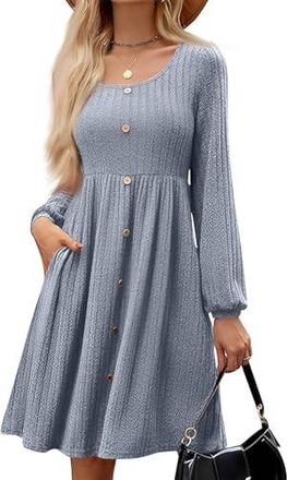 Generic Robe Tricot Femme Hiver Élégante à Manches Longues avec Boutons et Poches Col Rond Style Décontracté pour Automne Hiver Gris M
