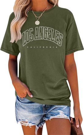 TOMWELL T-Shirt Damen Sommer Los Angeles Tshirt Kurzarm Rundhals Oberteile Casual Sport Shirt Basic Tee Shirts A Armeegr&uuml;n XXL