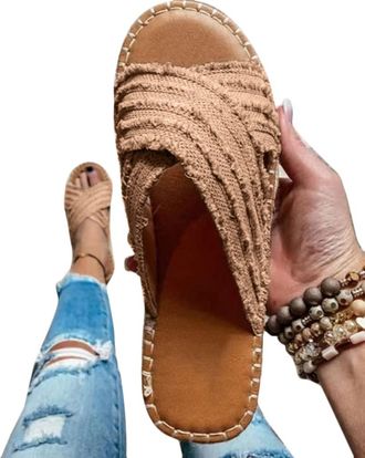 Onsoyours Schlappen Damen Espadrille Sandalen Flache Sommer Bohemian Sandaletten Peep Toe Strand Hausschuhe Criss Kreuz Slippers Flip Flop Sommerschuhe A Braun 