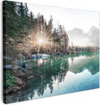 MuchoWow &copy; Bilder 80x60 cm Wohnzimmer Deko Modern Wandbild Kunstdruck auf Leinwand Bild Schlafzimmer &uuml;ber Bett Room Decor Geschenke Natur - B&auml;ume - Berge - See