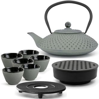 Bredemeijer gr&uuml;ne Teekanne 1.25 Liter Gusseisen - flache Asia Gusskanne Induktion im Set mit 6 Teebecher (Tassen) Untersetzer & Teew&auml;rmer & Teefilter-Sieb-Einsatz
