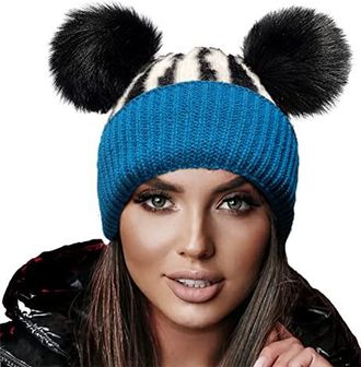 4sold Miki Bonnet dhiver en laine tricotée avec 2 pompons - pour femme et fille - pour le ski et le snowboard (coloré), bleu/noir, taille unique