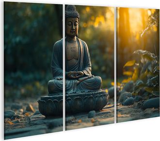 Islandburner Bild auf Leinwand Buddha Statue im meditativen Wald bei Sonnenuntergang Bilder Wandbilder Poster