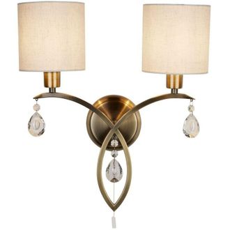 Searchlight Searchlight - Applique alberto 2L double branches m&eacute;tal Laiton antique,abatjour lin, goutte en cristal E14 2x60w avec inter