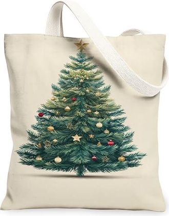 Generic Sacs fourre-tout en toile motif sapin de No&euml;l, sacs d&eacute;picerie r&eacute;utilisables, vintage, &eacute;l&eacute;gants, l&eacute;gers et lavables, vert, 13x15 Inch
