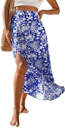 Cupshe Jupe maxi pour femme - Imprimé floral - Taille haute - Fente latérale - Jupe dété élégante - Jupe de plage avec fermeture éclair, bleu, XL