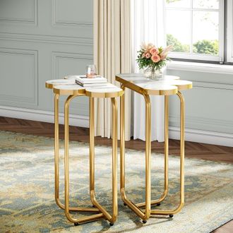 Tribesigns Schmaler Beistelltisch, stylischer Sofatisch mit halbrundem Blumenmuster und Goldrahmen, weiße und goldene Kleiner Kaffeetisch, Nachttisch aus Marmorm