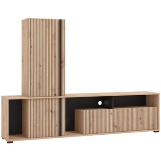 Vente-Unique Vente-Unique - Mur TV 195.5 cm avec 3 portes et 3 niches - Bois MDF m&eacute;lamin&eacute; naturel clair et noir - &Eacute;co-responsable fabriqu&eacute; en Europe