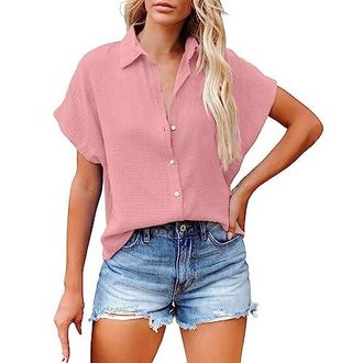 Generic Chemises et chemisiers en lin pour femme - Grande taille - Boutonn&eacute; - Manches courtes - Style d&eacute;contract&eacute; - Tunique ample - V&ecirc;tements tendance, rose, 