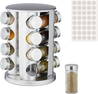 Relaxdays Gewürzkarussell, 16 Gewürzgläser je 80ml, mit Streueinsatz, drehbar, nachfüllbare Gewürzbar, Edelstahl, silber
