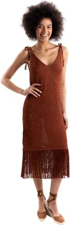 Akep Femme, Robes, Brun, Taille: 40 FR Robe &agrave; col en V orn&eacute;e de franges