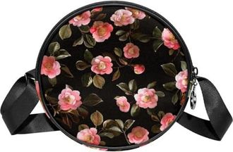 Generic Sac &agrave; bandouli&egrave;re Circle pour femme, petit sac &agrave; bandouli&egrave;re rose cam&eacute;lias avec fermeture &eacute;clair, bretelles r&eacute;glables, sac &agrave; main rond d&eacute;contract&eacute; pou