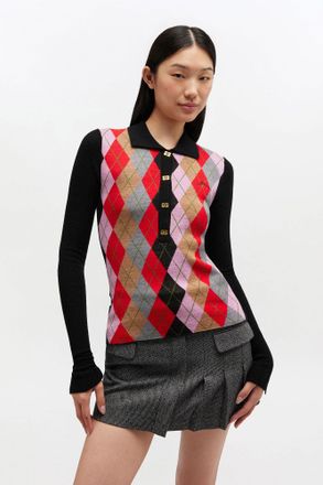 Ganni Polo arlequin en laine m&eacute;rinos fine Noir - Taille M - Pour Femme