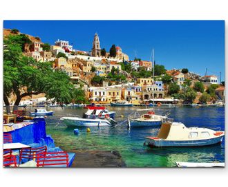 Paul Sinus Art Leinwandbilder | Bilder Leinwand 120x80cm farbenfrohe griechische Insel