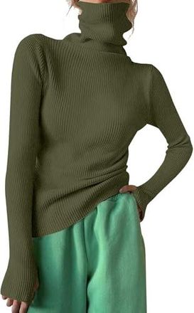 Generic Haut thermique décontracté pour femme - Haut dhiver à col roulé - Pull en tricot côtelé avec trou pour le pouce - Manches longues - Col montant - Coup