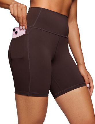 CRZ YOGA Naked Feeling Damen Radlerhose mit Taschen Hohe Taille Yoga Shorts Kurze Sporthose Sport Leggings Sportshorts - 15cm Heißes Fudge-Brown 40