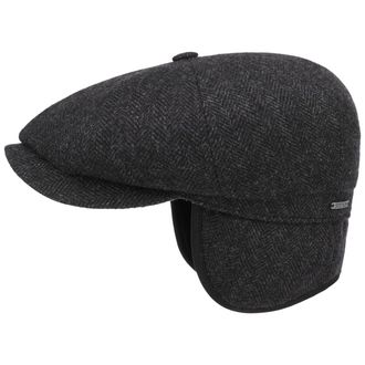 Stetson Hatteras Classic Ear Flaps Flatcap Schirmm&uuml;tze Fischgr&auml;tmuster Wollcap Ohrenschutz Made in EU Herren Herbst Winter schwarz-grau 57 cm