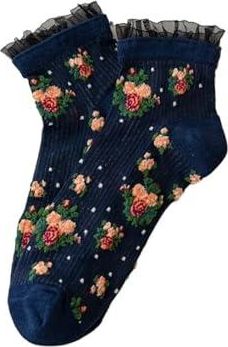 Generico Chaussettes florales &agrave; volants en dentelle, chaussettes transparentes ultra-fines pour femmes (5 paires), bleu marine, Taille Unique