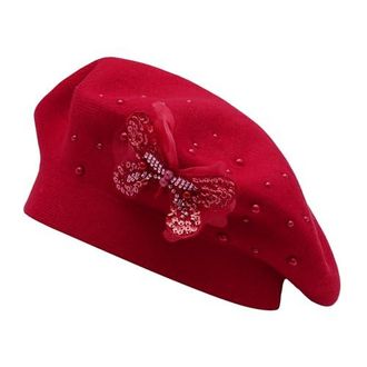 ZLYC B&eacute;ret Classique fran&ccedil;ais en Laine pour Femme - Chaud, Papillon Rouge, Taille Unique