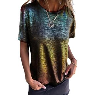 Generic T-shirt à manches courtes en feuille dor pour femme, col rond, haut décontracté, doux, confortable et respirant, coloré, 3XL