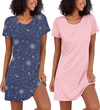 Ekouaer Nachthemd Damen Kurzarm Zweiteiler Elegant Schlafshirt Kurzarm Sleepshirt Leicht 2er Pack, Rosa+Blau Stern, L
