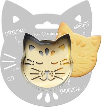 ScrapCooking Kit D&eacute;coupoir + Embosseur Bois Chat - Emporte-Pi&egrave;ce en Inox pour Biscuits en Relief - Moule Accessoires P&acirc;tisseries Sabl&eacute;s - 2093