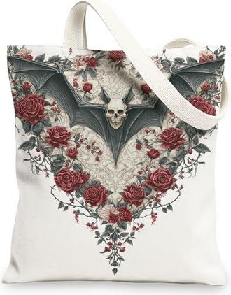 Generic Sacs fourre-tout gothiques en toile, motif chauve-souris et rose, sacs de courses réutilisables, sacs vintage légers et lavables en toile pour salle d