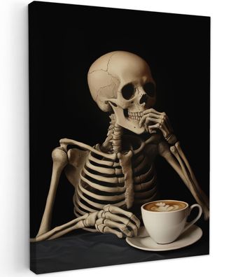 MuchoWow © Leinwandbild 60x80 cm Dekoration Wohnzimmer Bilder Pictures Wall Decoration Living Room Wohnungs Deko Moderne Bild Skelett - Kaffee - Trinken - Schä