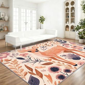 Generic Tapis &agrave; Motif Cerf Mignon De Dessin Anim&eacute; Grand Antid&eacute;rapant &agrave; Poils Courts Doux Chambre Poil Ras de Sol Orange Clair, 140 x 200 cm