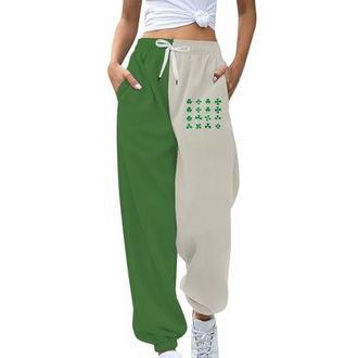 Generic Pantalon de surv&ecirc;tement &agrave; blocs de couleurs pour femme - Imprim&eacute; tr&egrave;fle - Cordon de serrage &agrave; la taille avec poches - Pantalon d&eacute;contract&eacute; et ample po