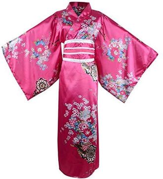 Generic Costume kimono long pour femme, motif floral, geisha japonaise, yukata, robe de robe Obi ceinture peignoir, rose rouge, Taille unique