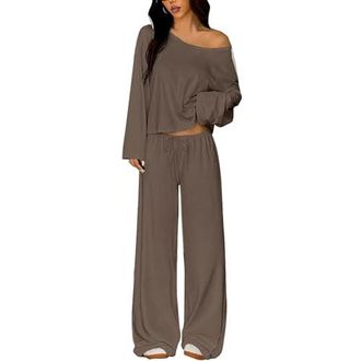 Generic Ensemble 2 pi&egrave;ces &agrave; &eacute;paules d&eacute;nud&eacute;es pour femme - Chemise &agrave; manches longues - Pantalon large - Tissu extensible - Tenue ample - &Eacute;paules d&eacute;nud&eacute;es, marr