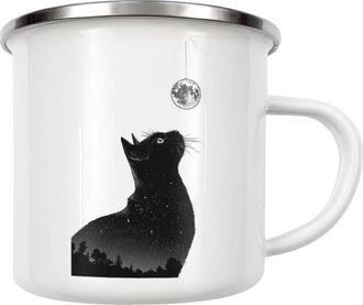 artboxONE Emaille Tasse Katze mit Mond von Nikita Korenkov - Emaille Becher Tiere