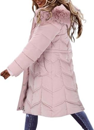 Generic Vestes pour femmes, grand col &agrave; cheveux, plumes &eacute;paisses, moyennes, longues, version cor&eacute;enne, veste rembourr&eacute;e &agrave; la taille, 2026, rose, XXL
