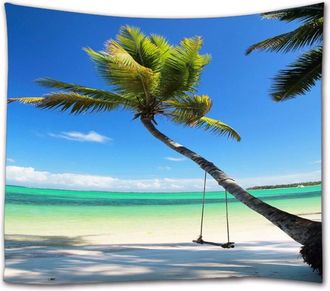 A.Monamour Wandteppich Karibik Tropischer Strand Kokospalme Mit Schaukel Ozean Natur Landschaft Tuch Mandala Boho Hippie Psychedelic Tapisserie Wandbehang Wandde