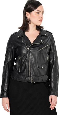 Ulla Popken Damen Lederjacke im Bikerstil Jacke, schwarz, 42