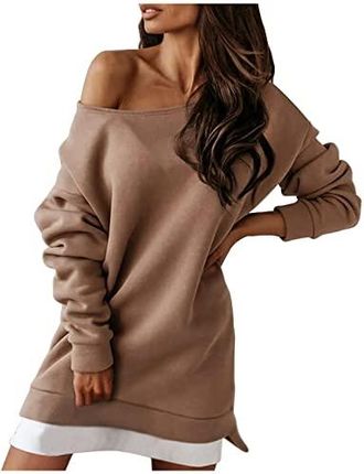 Generic Robe amincissante &agrave; manches longues et &eacute;paules d&eacute;nud&eacute;es pour femme, l&eacute;g&egrave;re, surdimensionn&eacute;e, couleur unie, robe pull midi, kaki, S
